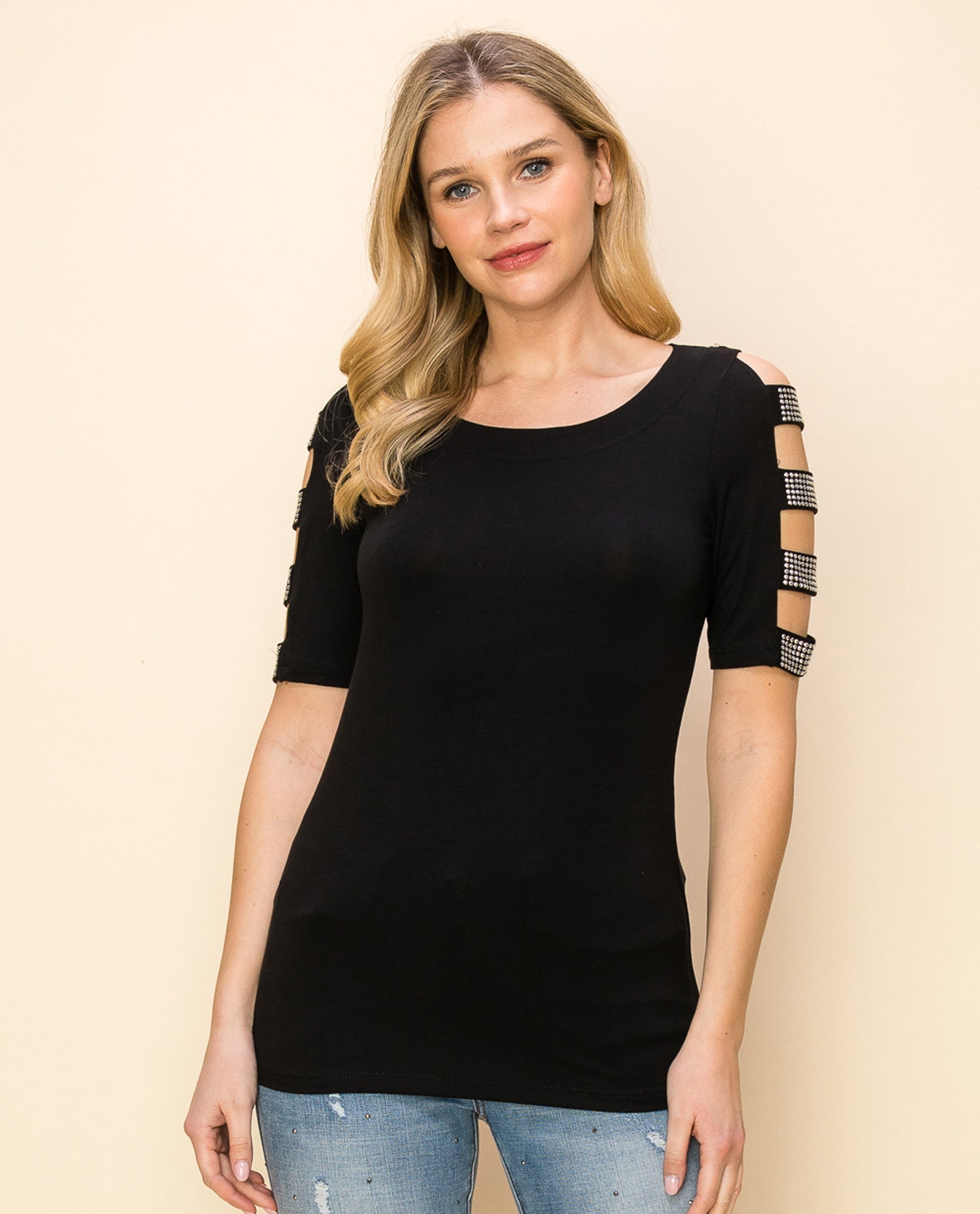 VOCAL 20232S LADDER SLEEVE WITH STONES | Cutout Sleeve Top With Stones ...