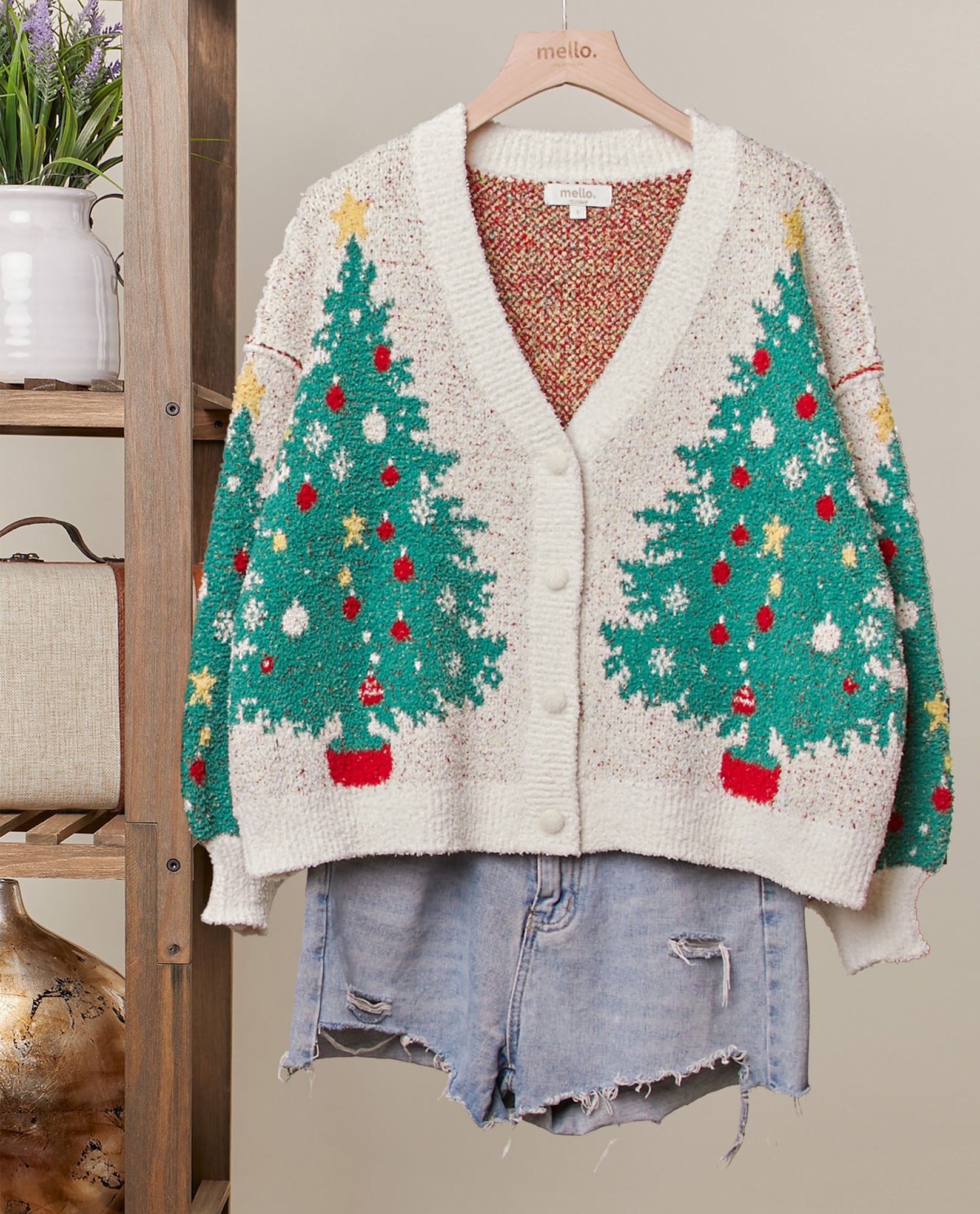 MELLO MT40581 MERRY PINE V-NECK CARDIGAN | Christmas Tree Cardigan ...